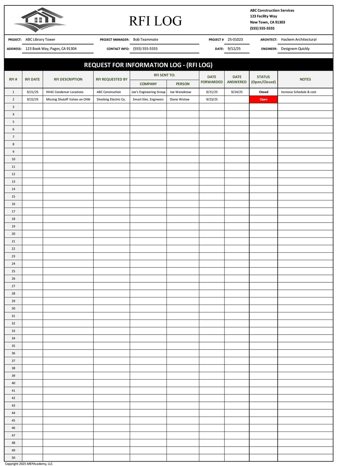Request for Information RFI Form and RFI Log, 2 Excel Forms, Write and ...