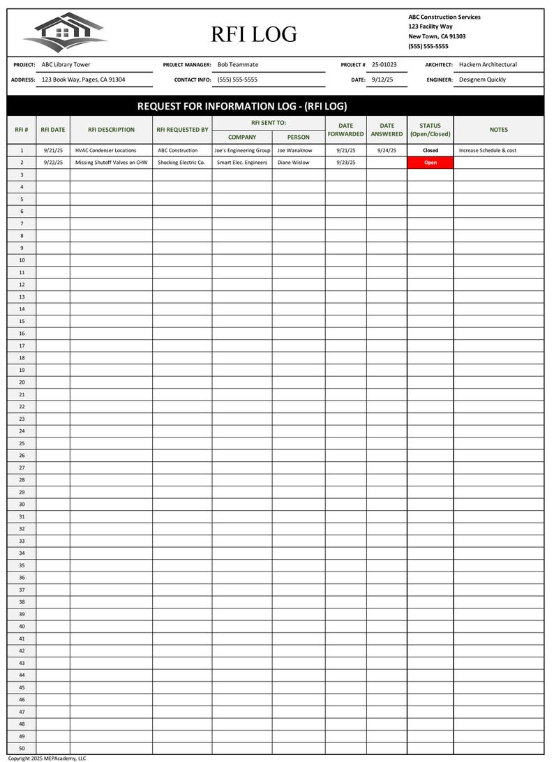 Request for Information RFI Form and RFI Log, 2 Excel Forms, Write and ...