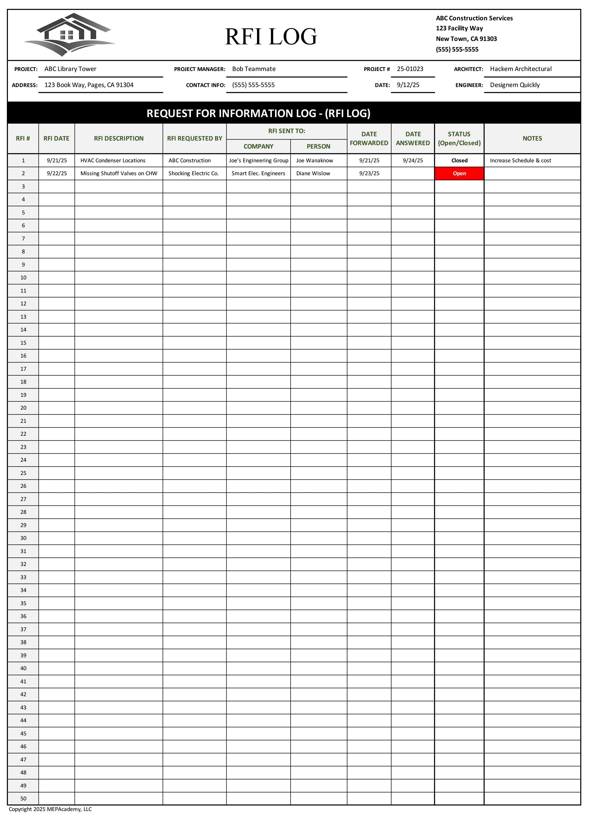 Request for Information RFI Form and RFI Log, 2 Excel Forms, Write and Track Construction Rfi's ...