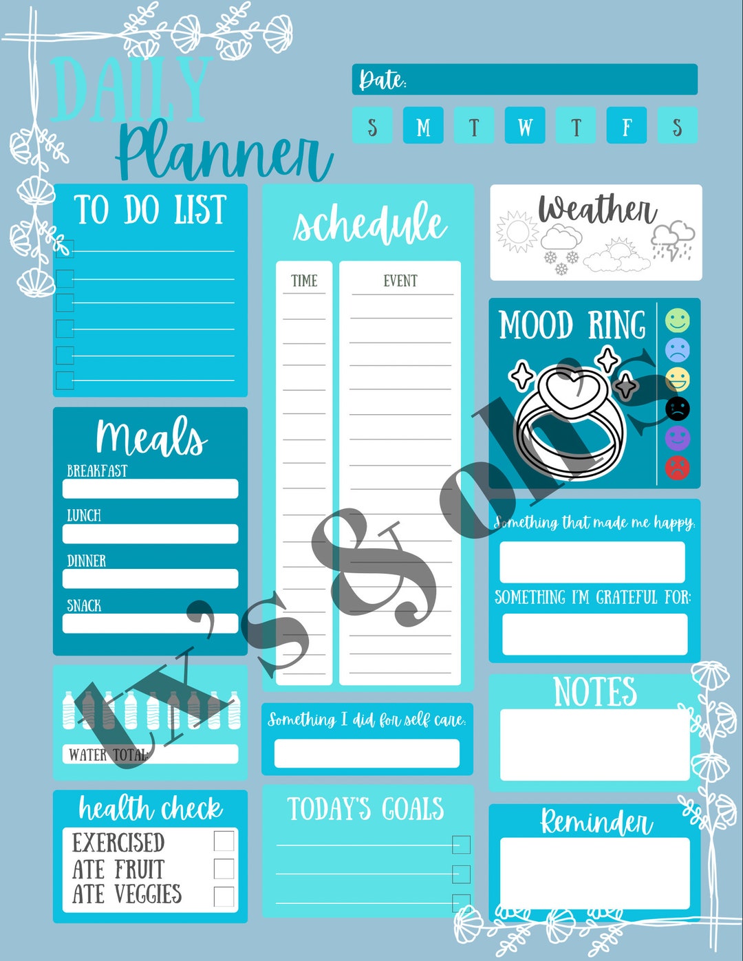 Blue Printable/digital Daily Planner, Health Check and Checklist - Etsy