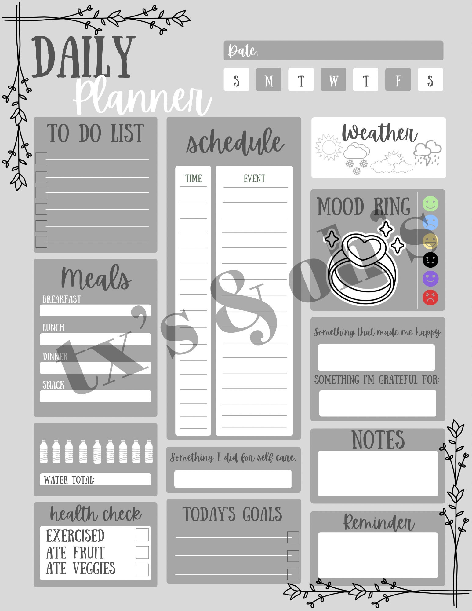 Gray Printable/digital Daily Planner, Health Check and Checklist - Etsy