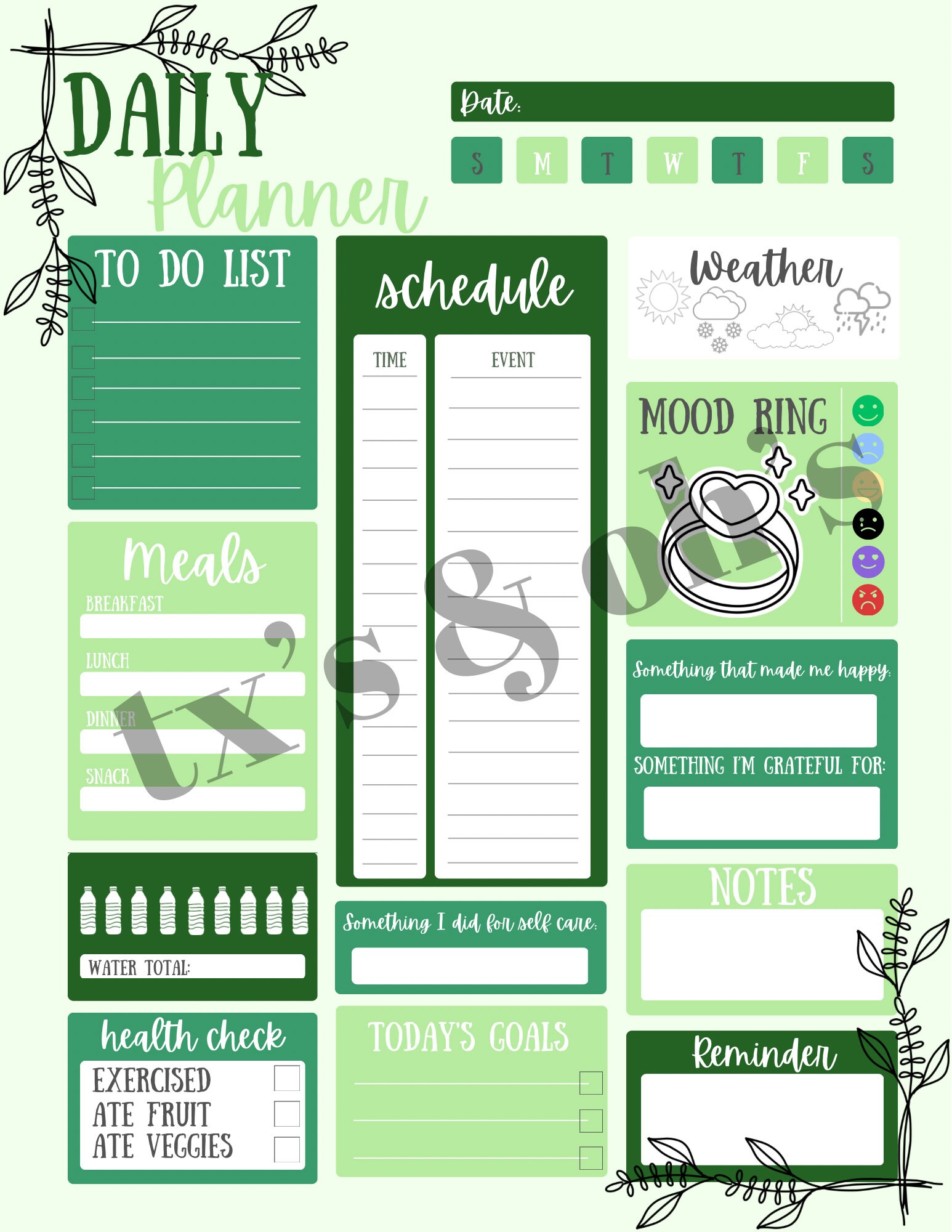 Green Printable/digital Daily Planner, Health Check and Checklist - Etsy