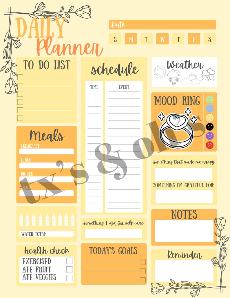 Yellow Printable/digital Daily Planner, Health Check and Checklist - Etsy