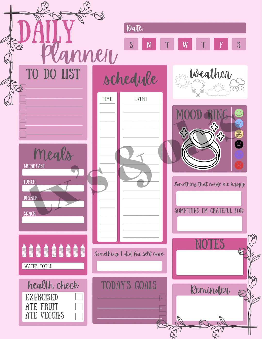 Pink Printable/digital Daily Planner, Health Check and Checklist - Etsy
