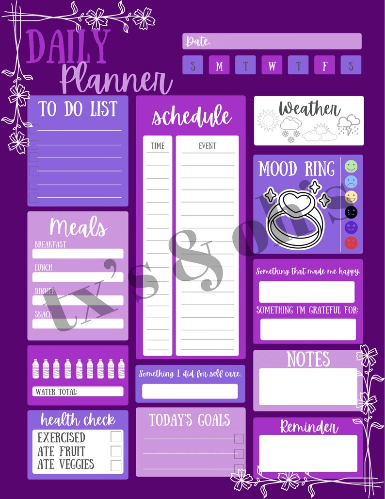 Purple Printable/digital Daily Planner, Health Check and Checklist - Etsy