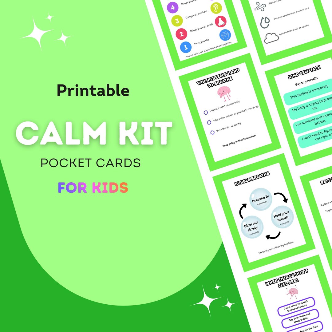 Printable Mental Health Cards: Calm Kit Pocket Guides for Kids (green ...