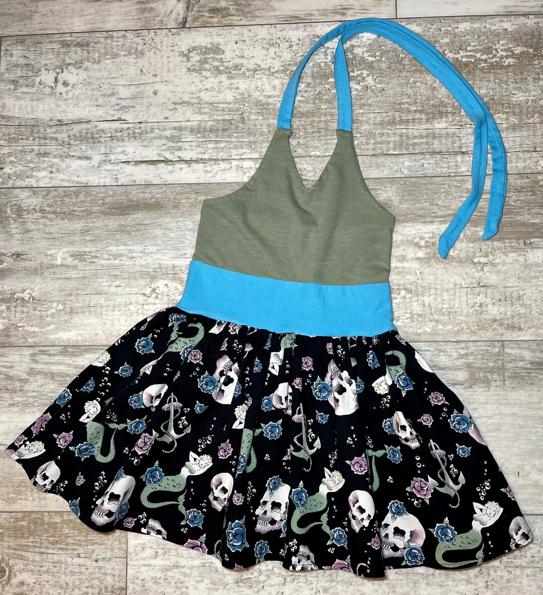 Girls Upcycled Dress Black/green/blue/pink Skulls Mermaids Roses Halter ...