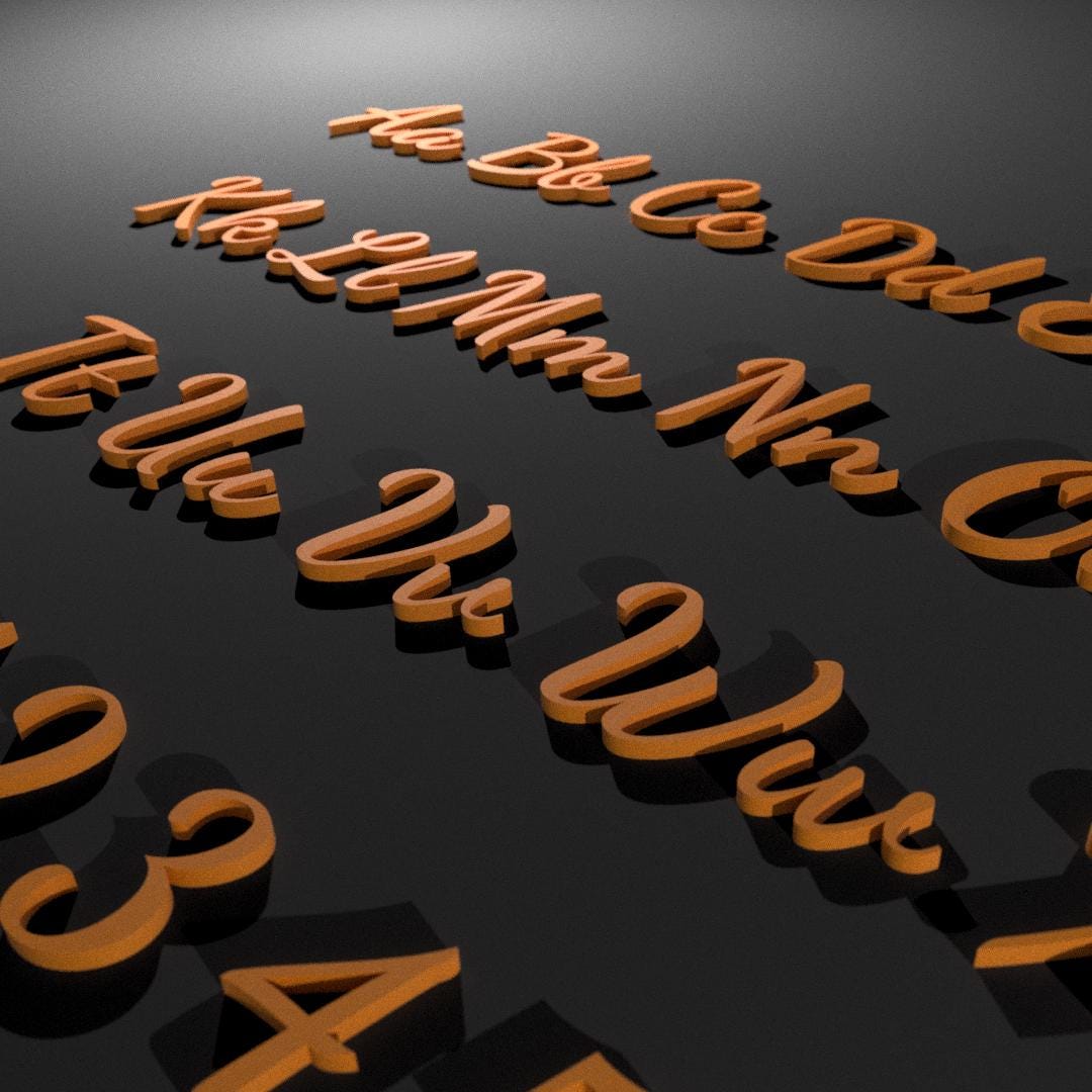 Dancing Script Font STL Files: 3D Printing Letters, Numbers, Symbols ...