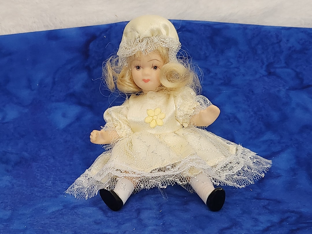 Vintage Mini Porcelain Doll Dressed in Yellow Silk Dress 6 Inches Tall ...