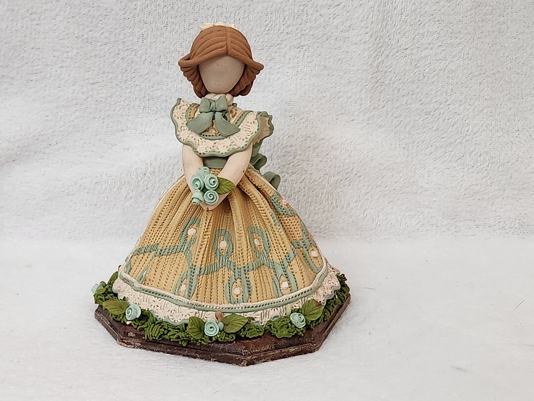 Vintage Clay Figurine in 1800's Tan and Blue Dress With Blue Roses - Etsy