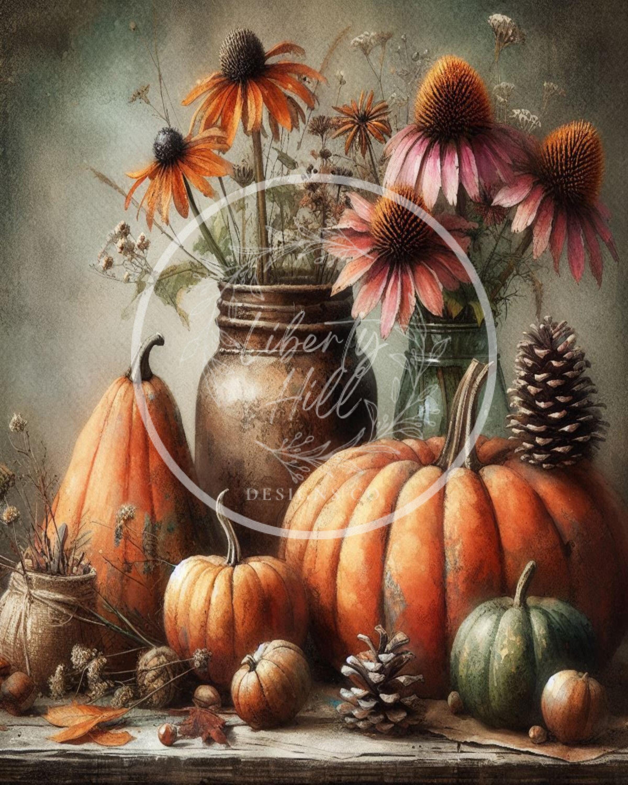 Farmhouse Primitive Fall Autumn Coneflowers Jar Pumpkin Print Label ...