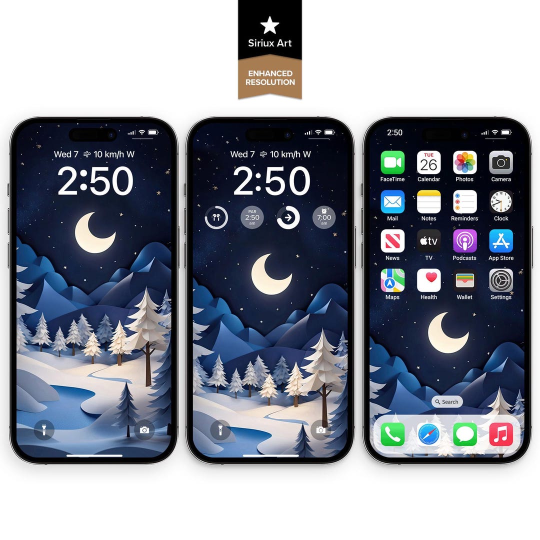 Winter Moonlight Landscape Papercraft Phone Wallpaper | White Snow ...
