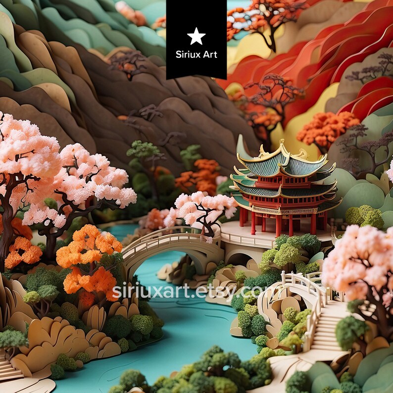 Oriental Landscape Papercraft iPhone Wallpaper, Chinese Scene Paper ...
