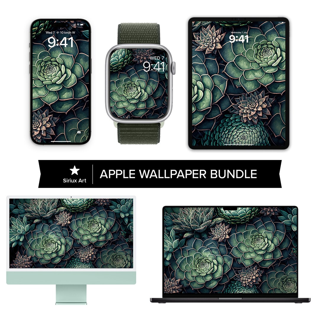 Green Succulent Apple Bundle Wallpaper, Boho Leafy Plant Illustration ...