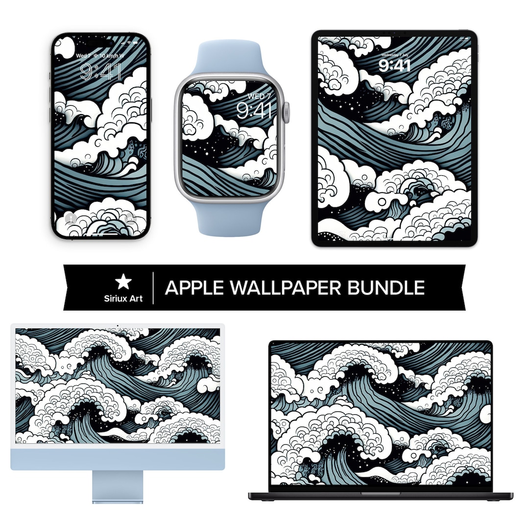 Ocean Wave Splash Wallpaper Apple Bundle Set, Full Screen Japanese Art ...