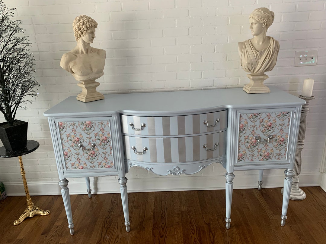 Glamorous Antique French Provincial Sideboard, Credenza, Buffet, Console Hand Painted in Blue ...
