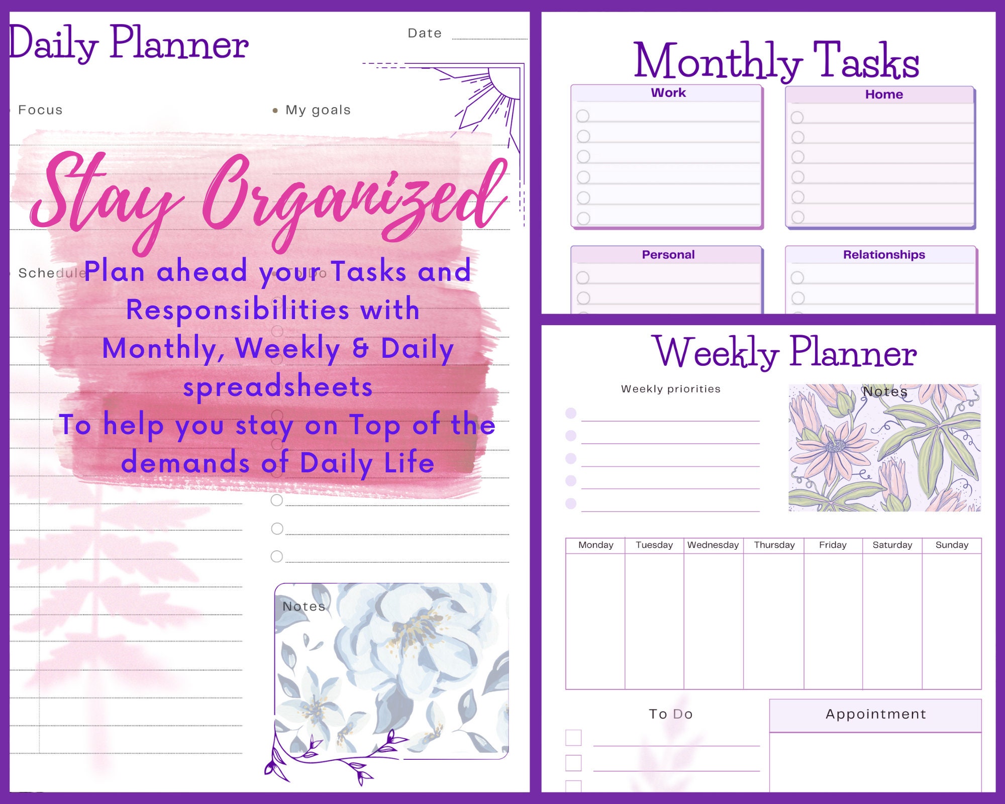 Printable Planner Bundle, 2023 Calendar, Yearly, Monthly, Weekly, Daily ...