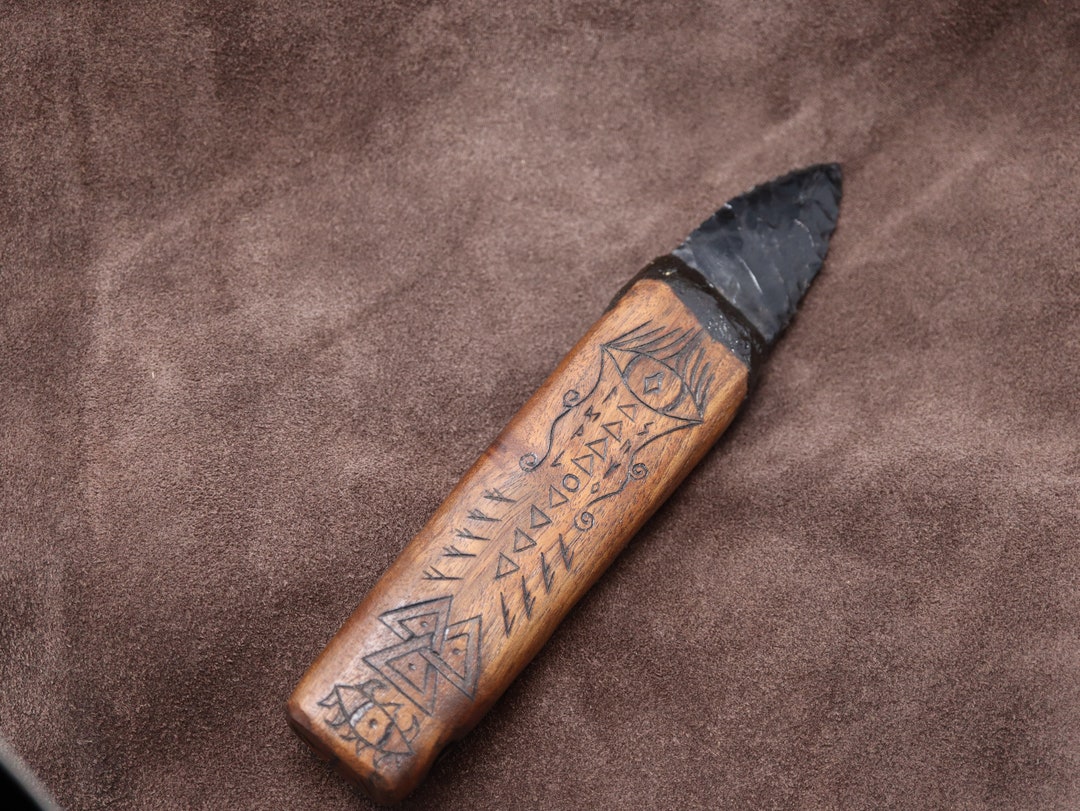 Handmade Knapped Obsidian Neck Knife With Wood Burned Black - Etsy