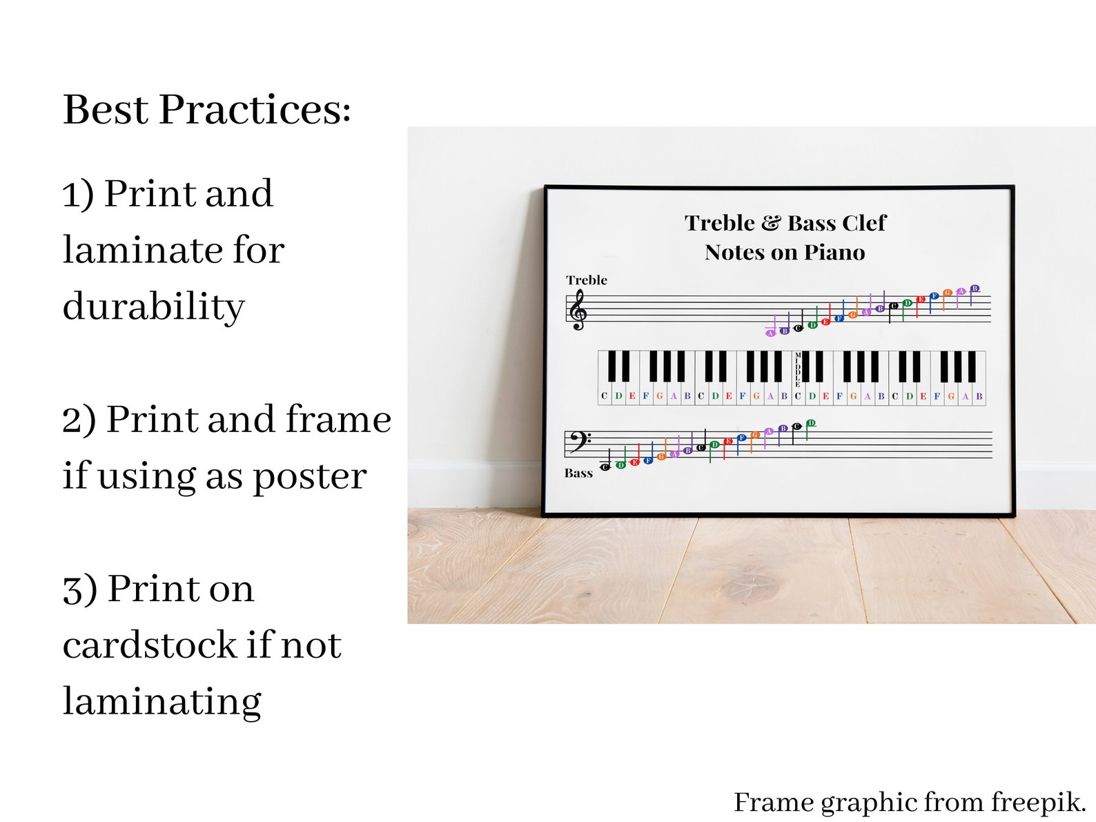 Treble & Bass Clef Notes on Music Staff and on Piano, Music Note Cheat ...