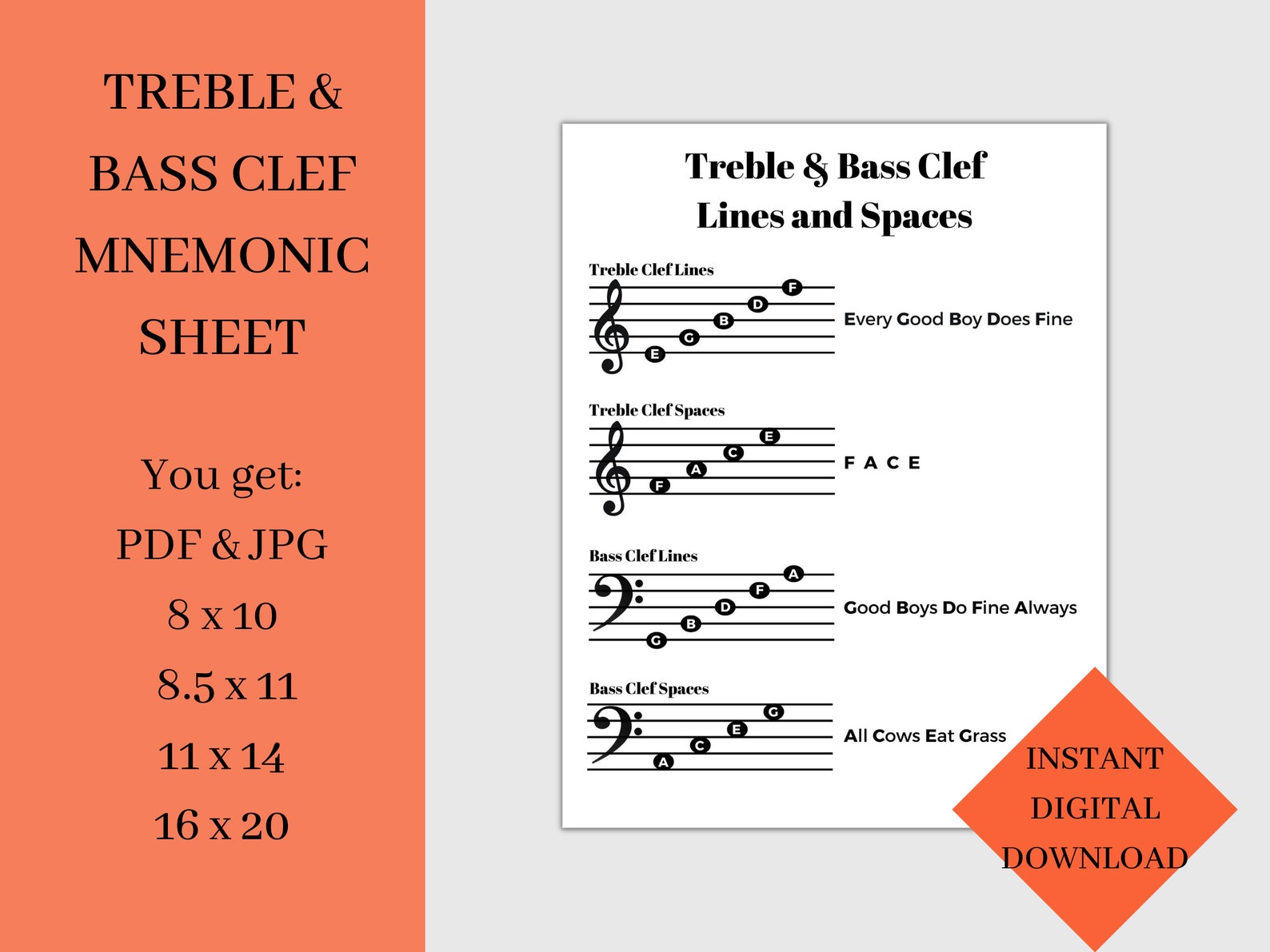 Music Note Cheat Sheet, Treble Clef, Bass Clef, Lines and Spaces, Learn ...