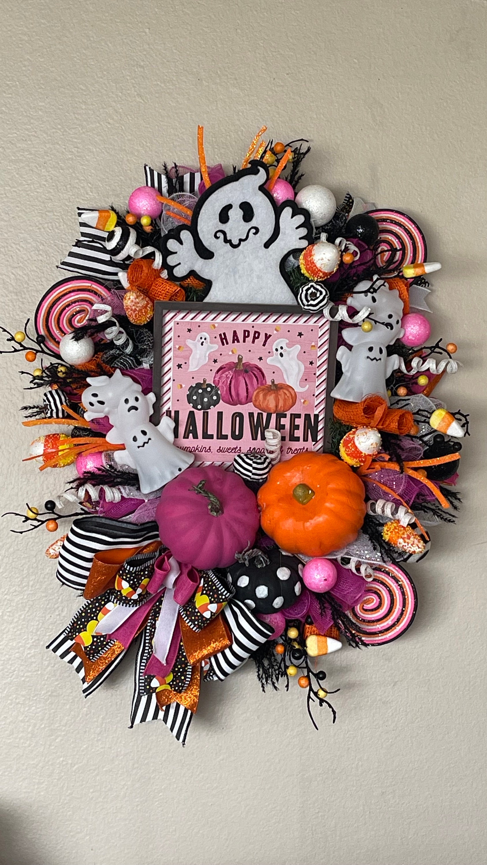 Halloween Ghost Wreath, Whimsical Ghost Wreath, Pink Halloween Door or ...
