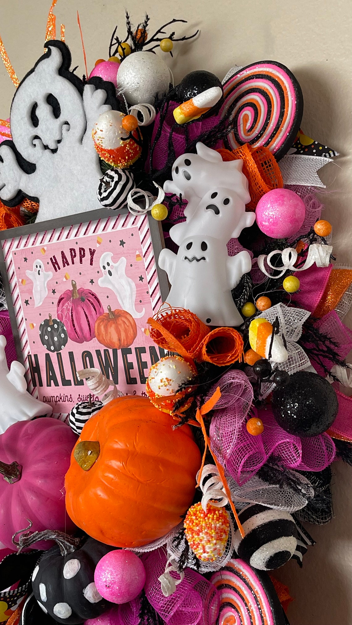 Halloween Ghost Wreath, Whimsical Ghost Wreath, Pink Halloween Door or ...