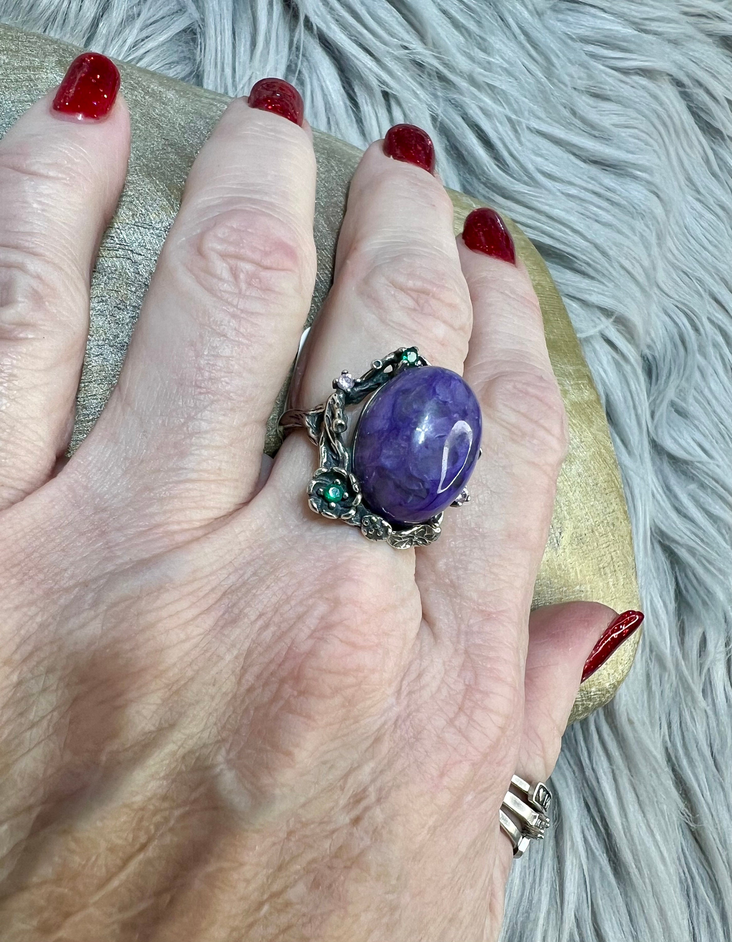 Charoite Ring | Adjustable Vintage Flower Style | set into 925 Silver with Positive Intentions ...