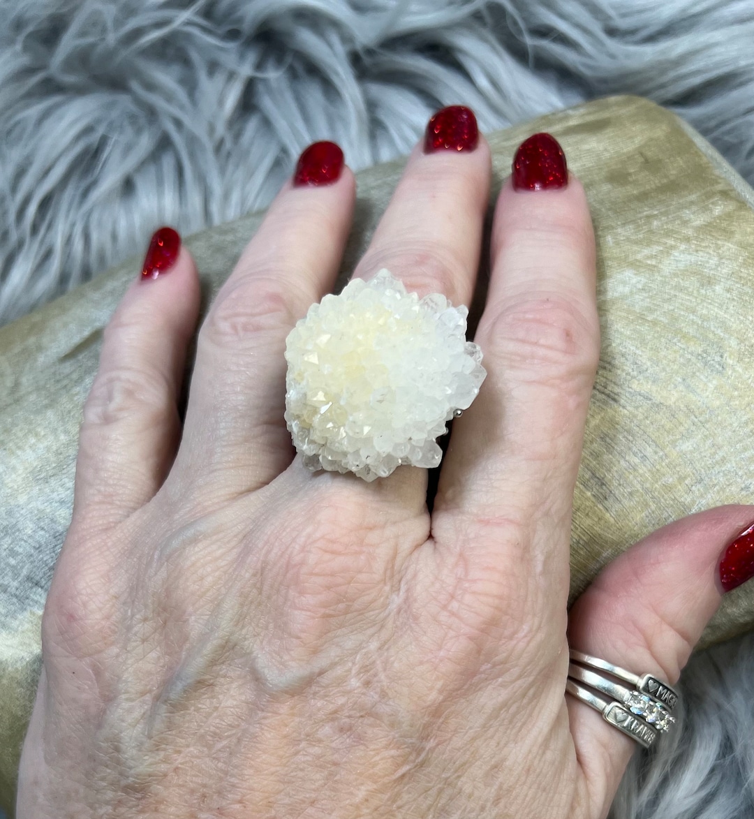 Calcite Flower Specimen Ring | Adjustable Silver Boho Style | Soothing ...
