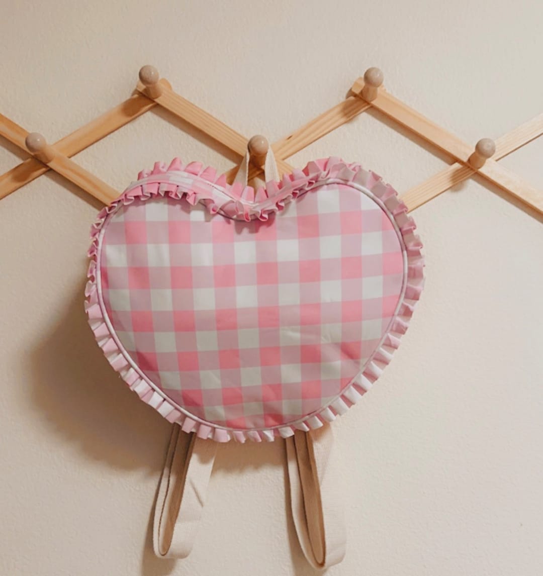 Heart Shaped Ruffled Mini Girl Backpack Pink/white Checkered Gift ...