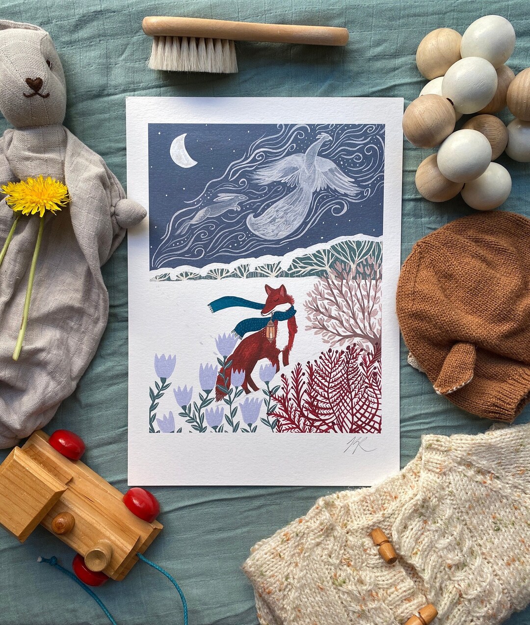 A4 Luxury Fox in the Snow Wall Art. Eco Friendly Whimsical Folk Art ...
