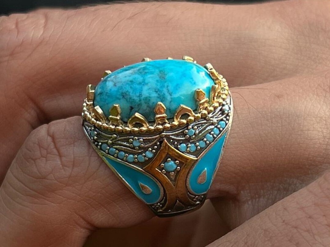 Natural Turquoise Stone Ring, 925 Sterling Silver Ring Unique Design, Men's & Women's Silver ...