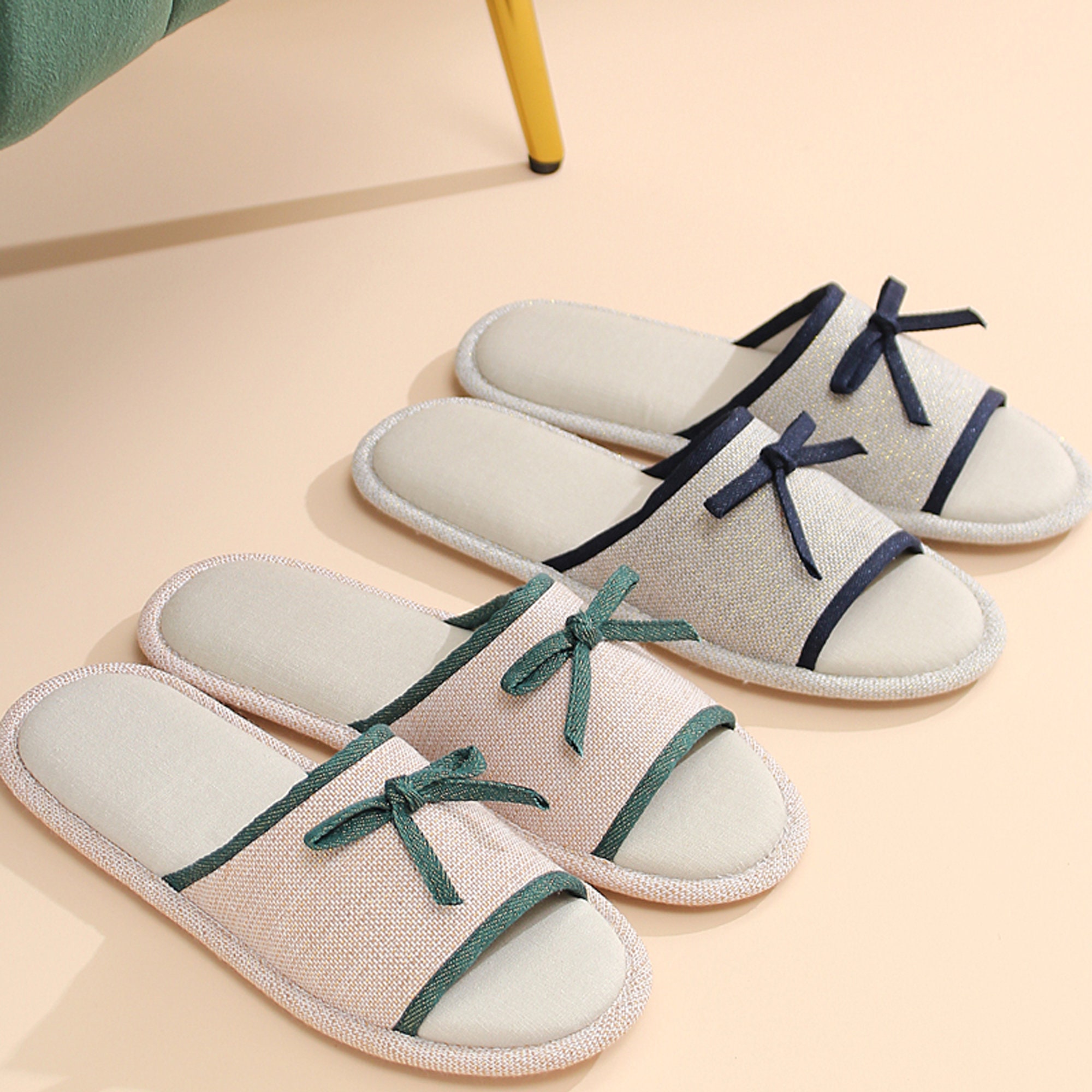 Linen Slippers for Women Indoor Beige With Green Blue Bow for Valentine ...