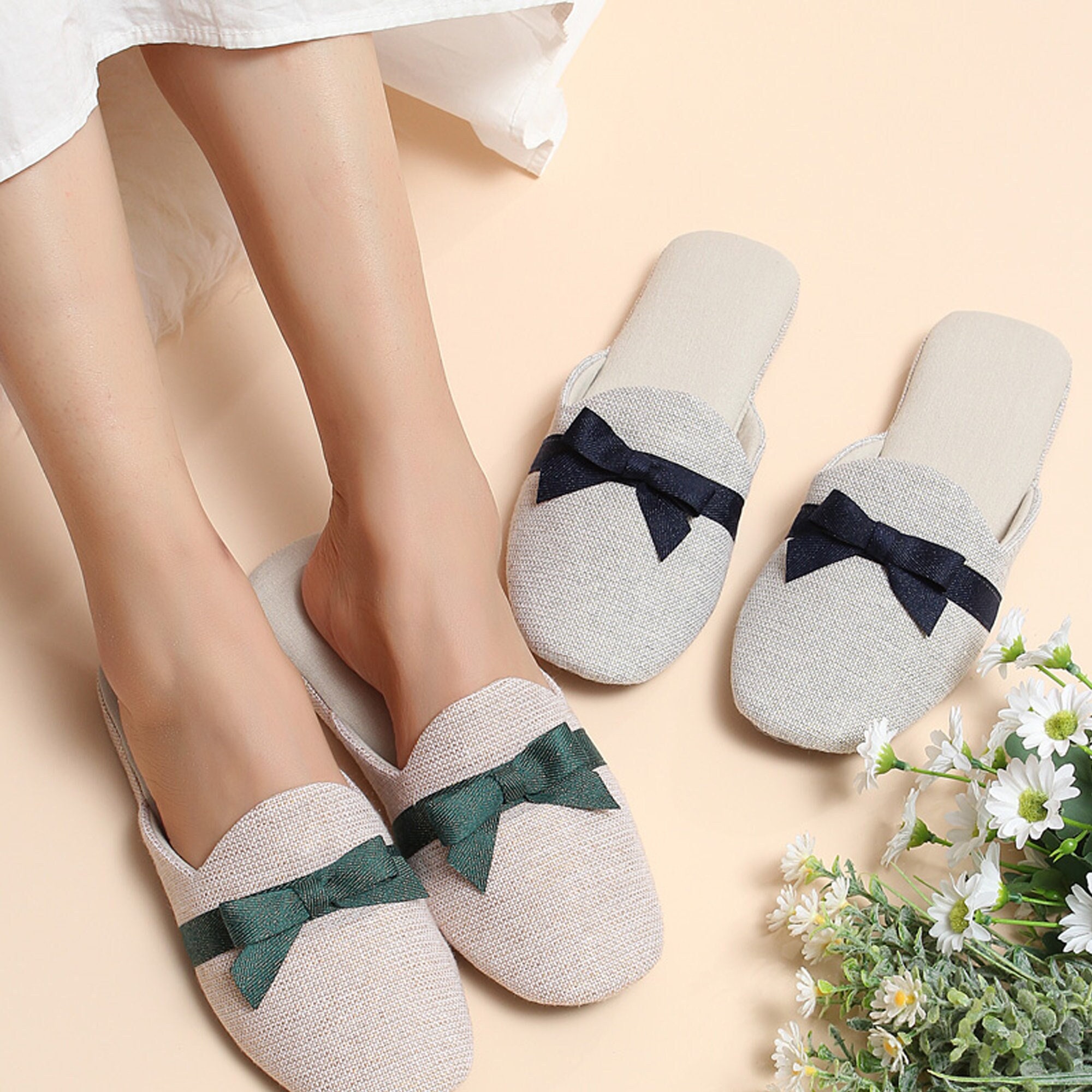 Linen Slippers for Women Indoor Beige With Green Blue Bow for Valentine ...