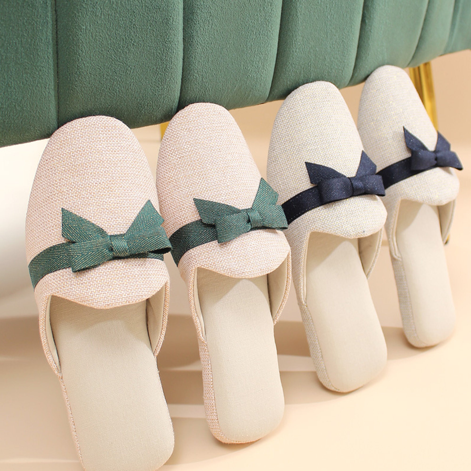 Linen Slippers for Women Indoor Beige With Green Blue Bow for Valentine ...