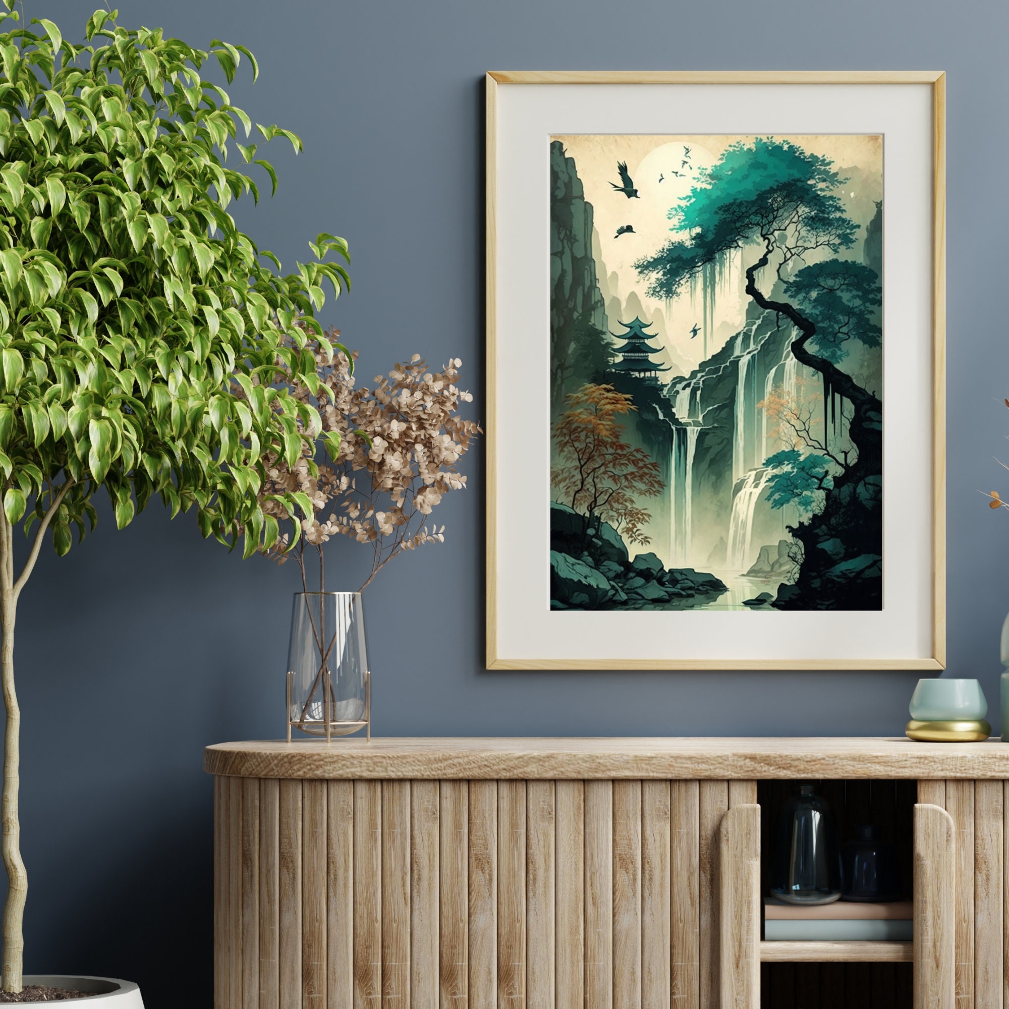 Japanese Printable Wall Art, Waterfall Landscape Print, Japanese Temple ...