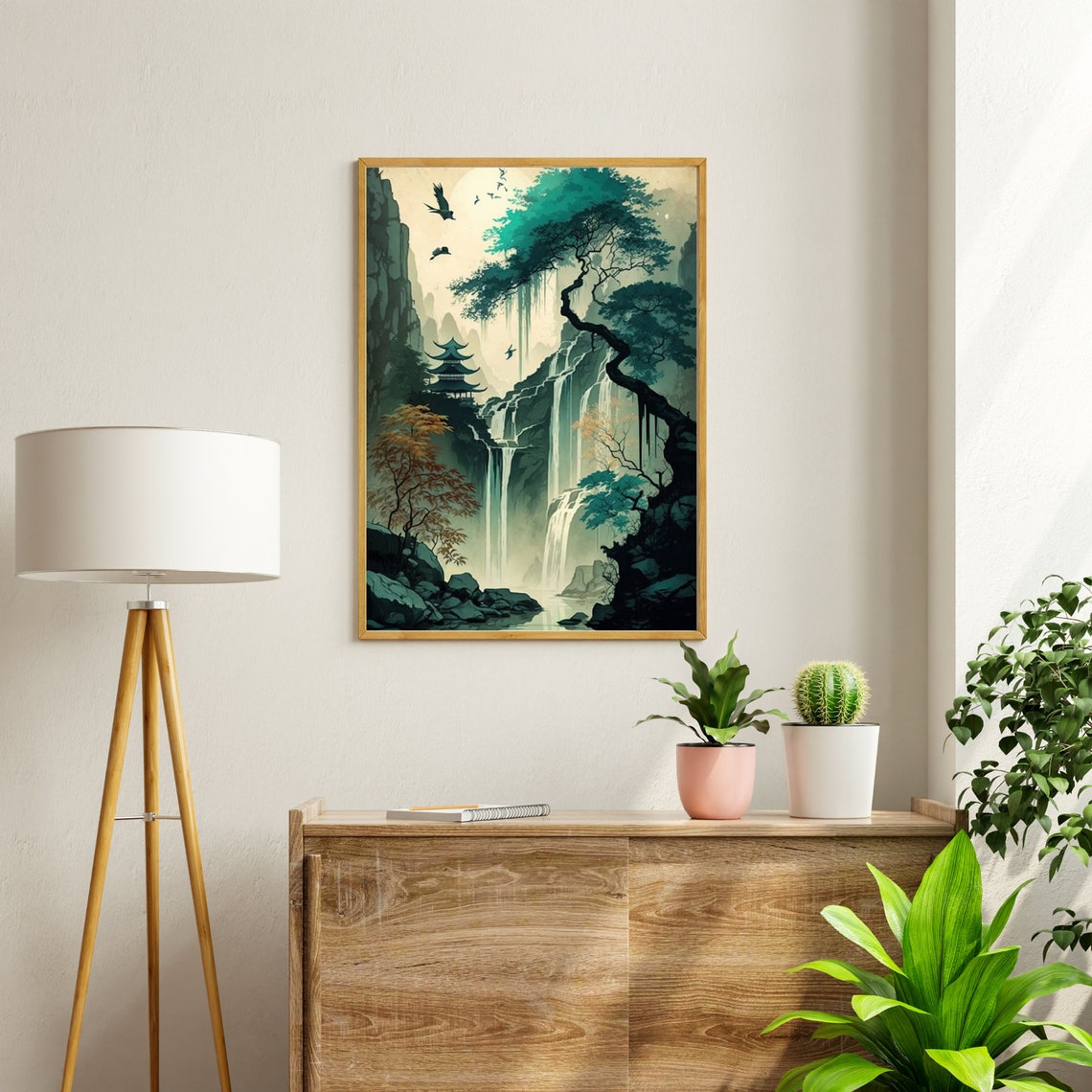 Japanese Printable Wall Art, Waterfall Landscape Print, Japanese Temple ...