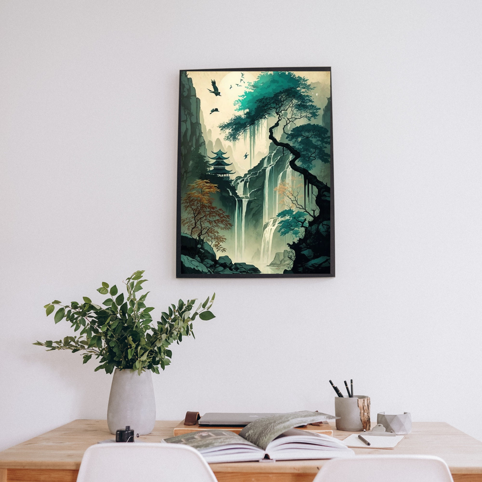 Japanese Printable Wall Art, Waterfall Landscape Print, Japanese Temple ...