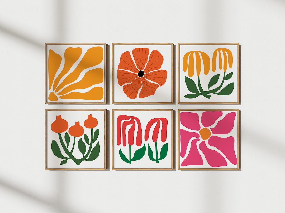 Square Floral Art Prints Set of 9, Matisse Style Orange Flower ...
