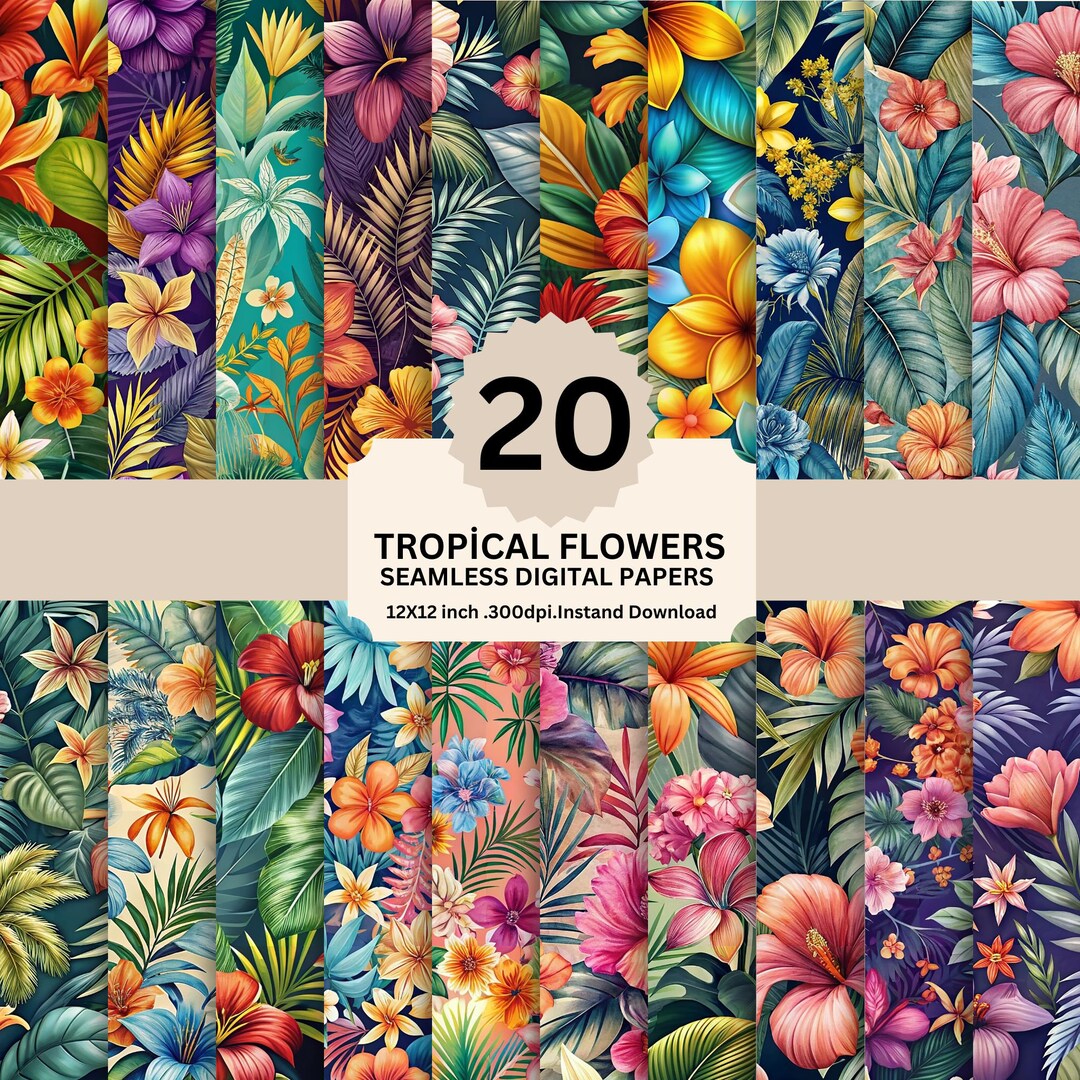 Tropical Flower Seamless Digital Paper Pack, Tropical Flower Digital ...
