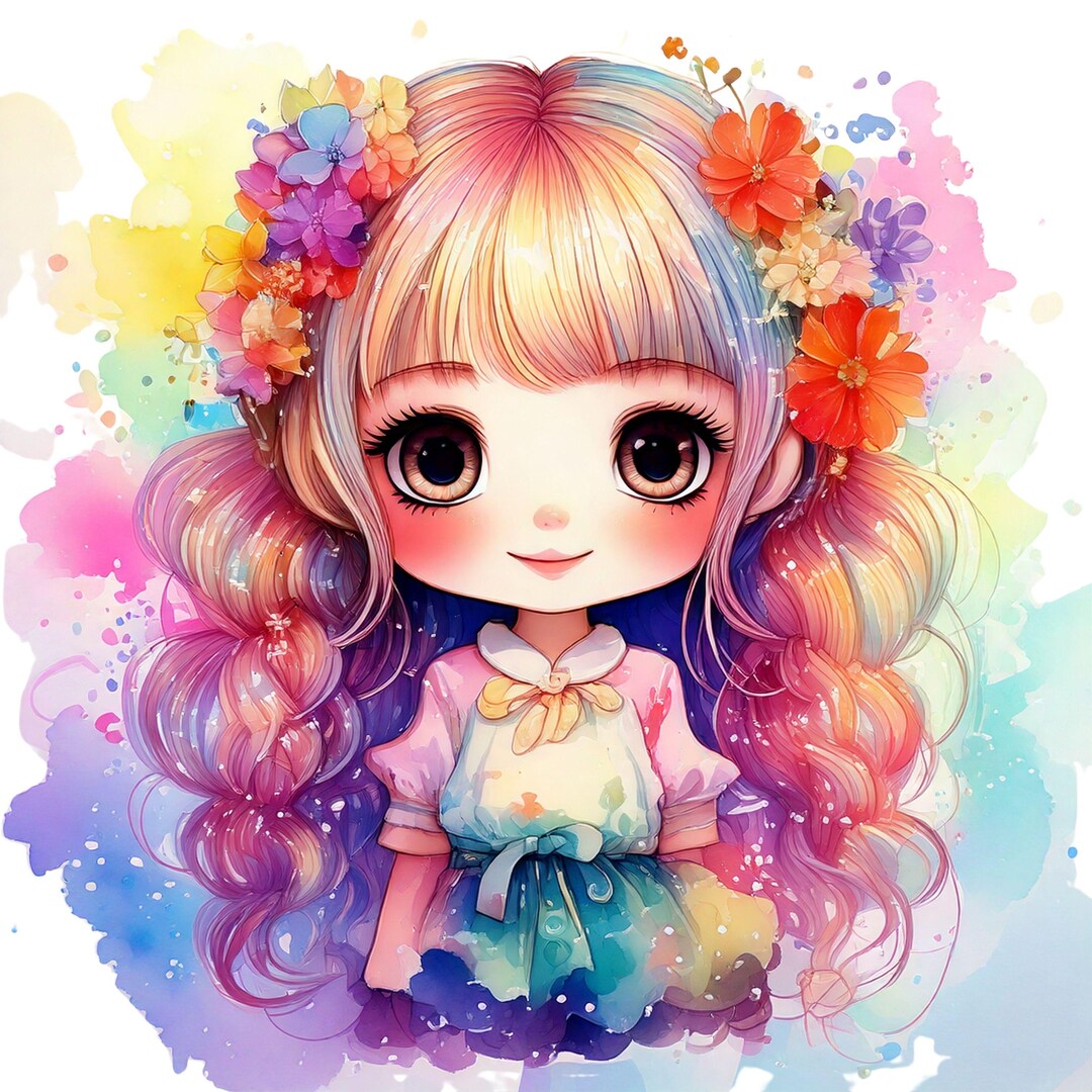 Chibi Girl Clipart, Whimsical Floral Girl, 10 High Quality Jpgs, Cute ...