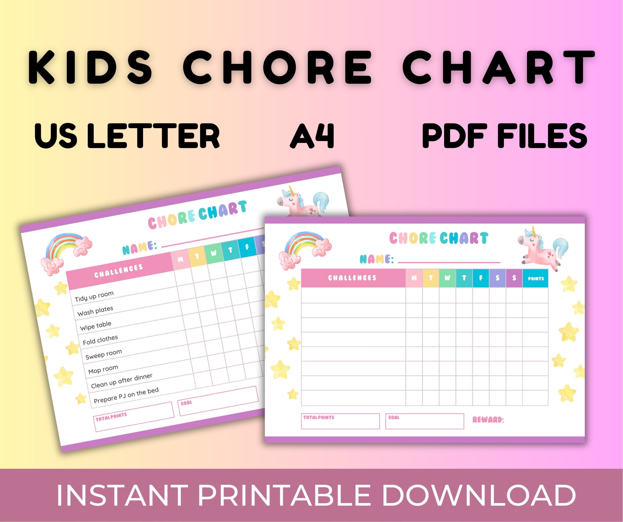 Kids Chore Chart Printable, Summer Routine Chart , Children Reward ...
