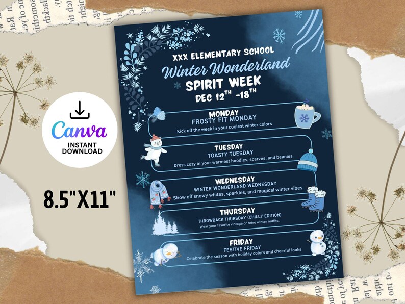 Customizable Winter Spirit Week Flyer, School Itinerary (digital ...