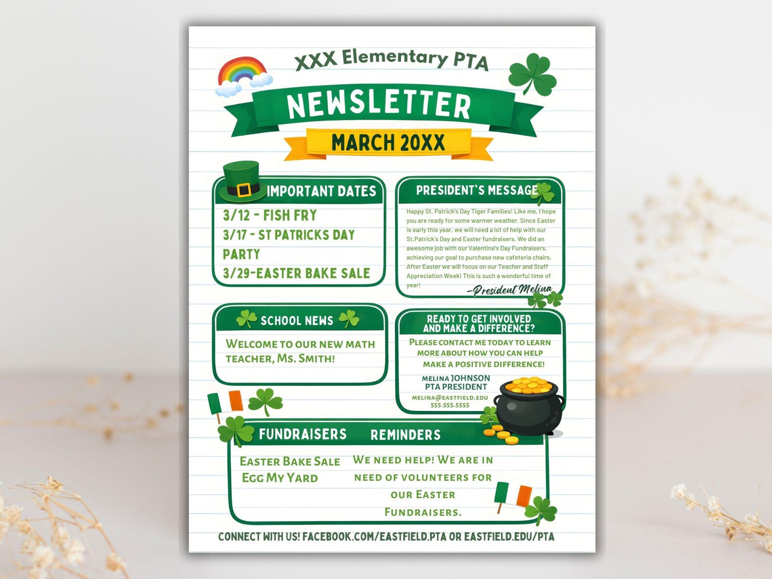 Editable March Newsletter Template, St Patricks PTO PTA School News ...