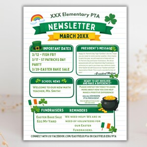 Editable March Newsletter Template, St Patricks PTO PTA School News ...
