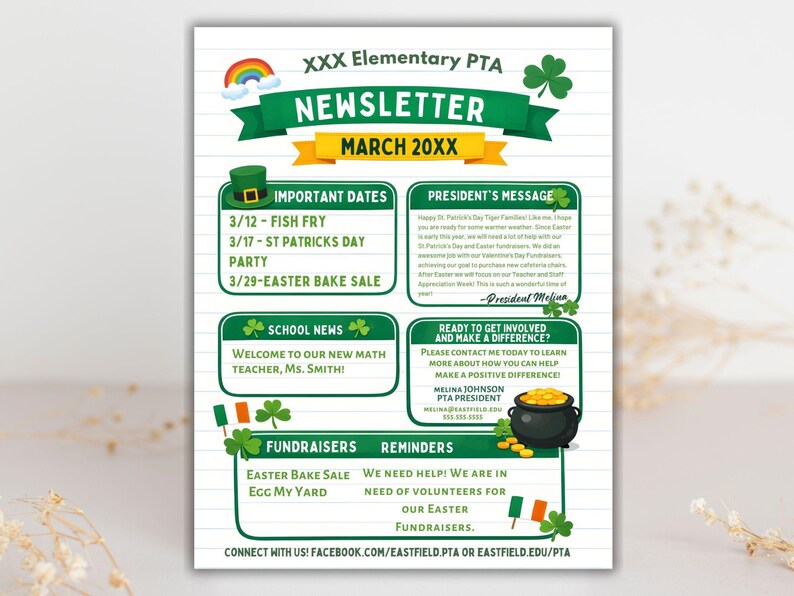 Editable March Newsletter Template, St Patricks PTO PTA School News ...