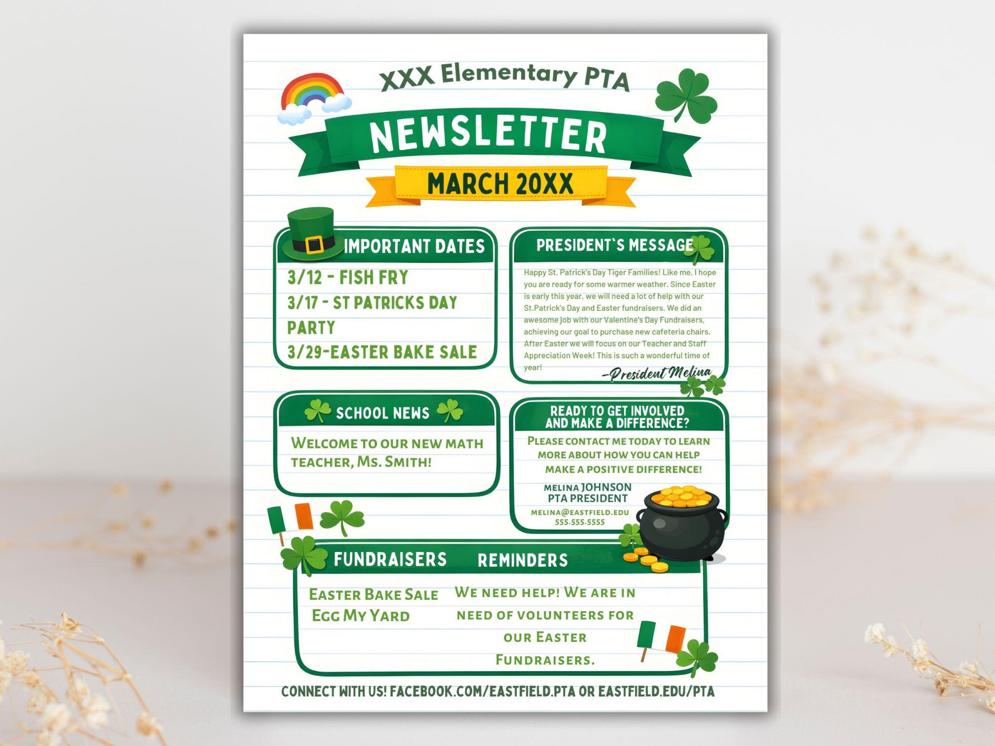 Editable March Newsletter Template, St Patricks PTO PTA School News ...