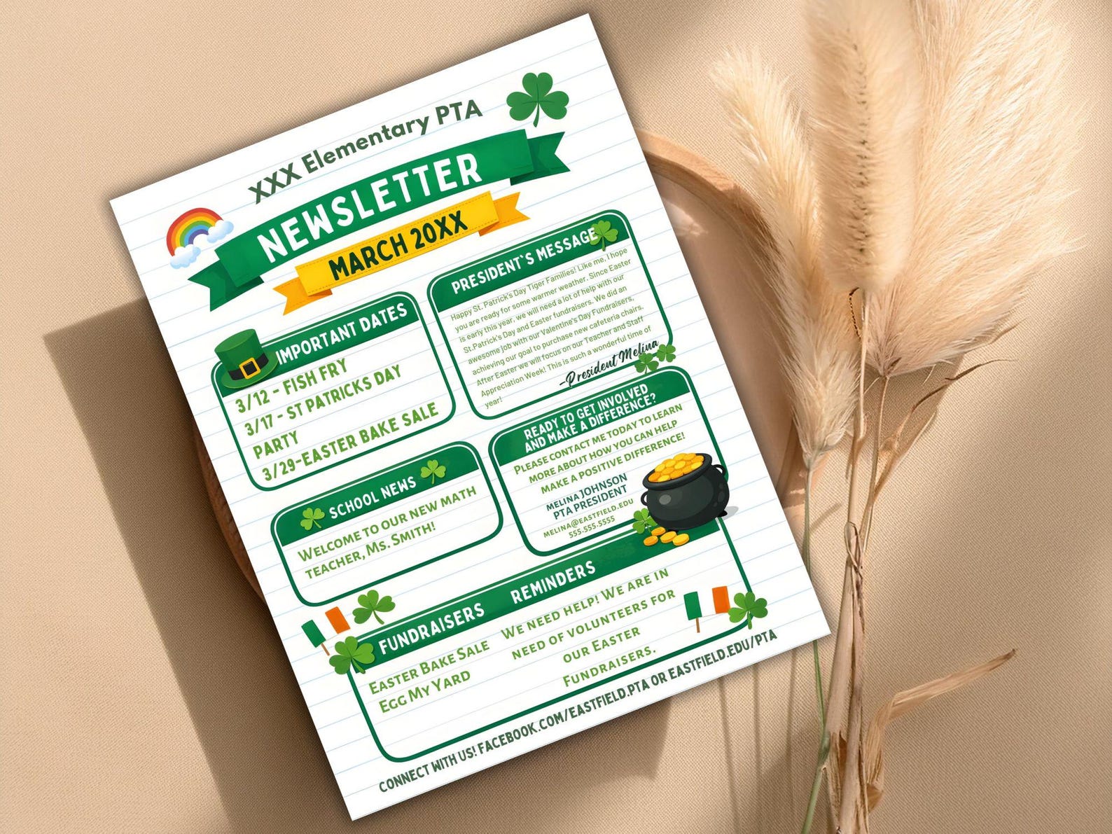 Editable March Newsletter Template, St Patricks PTO PTA School News ...
