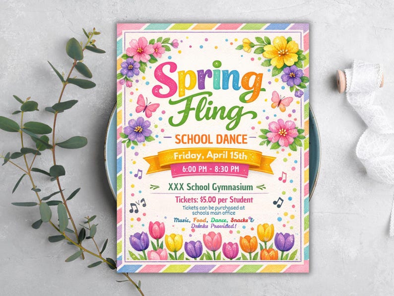 Spring Fling School Dance Invitation, Editable Canva Template (5x7 ...