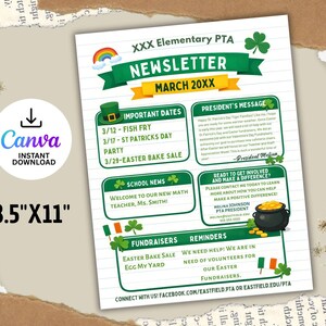 Editable March Newsletter Template, St Patricks PTO PTA School News ...