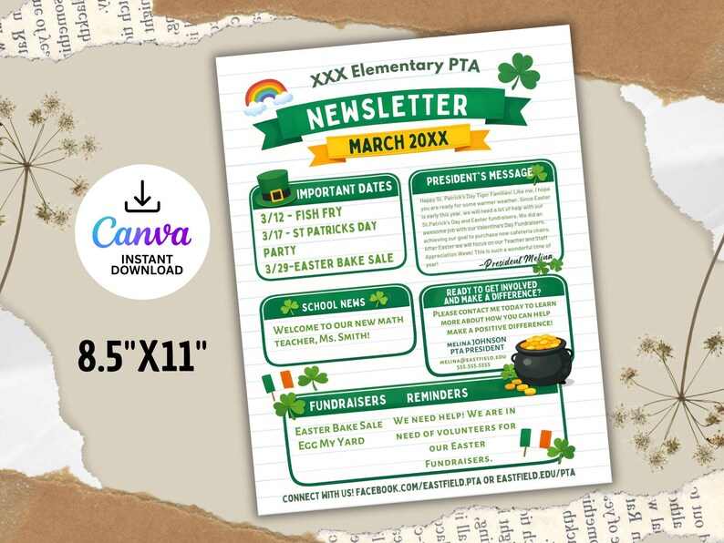 Editable March Newsletter Template, St Patricks PTO PTA School News ...